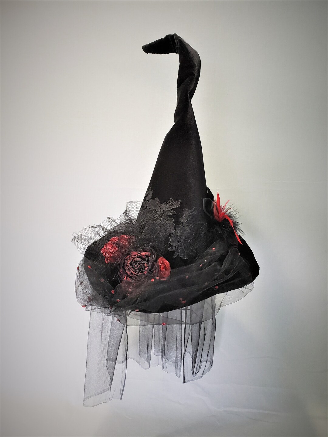 Witch Hat Black Velvet Red Flowers Veils Feathers Lace Band - Etsy