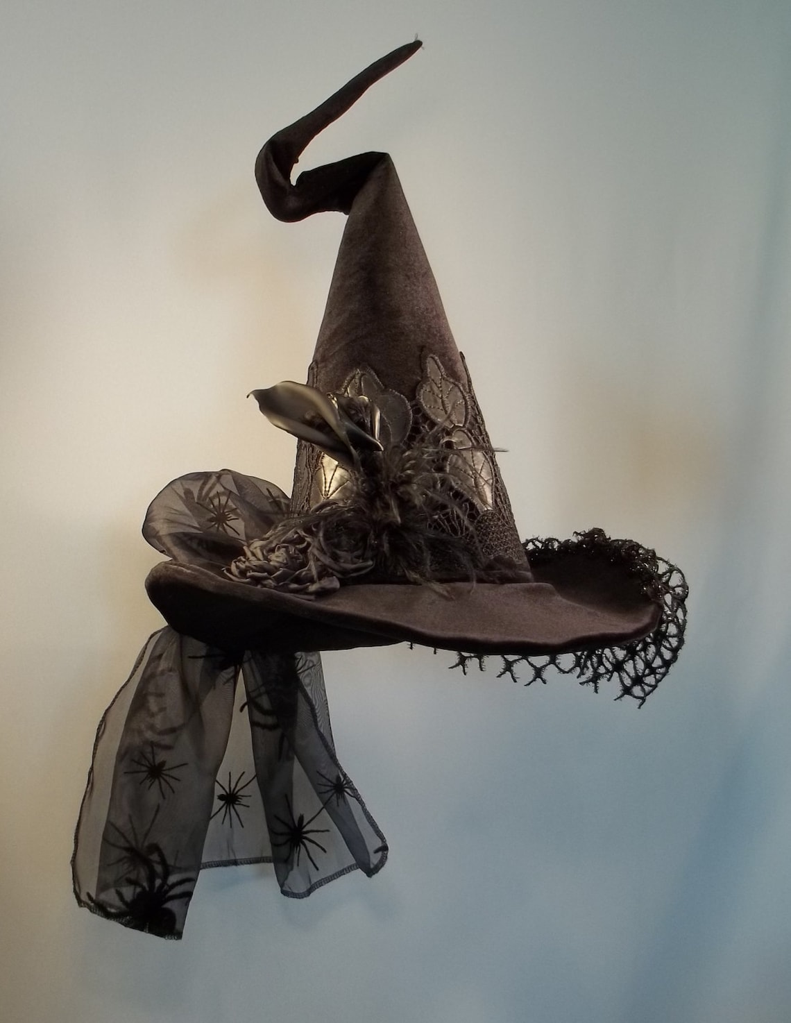 Black Velvet Witch Hat Lace Veil Feather Flower - Etsy UK