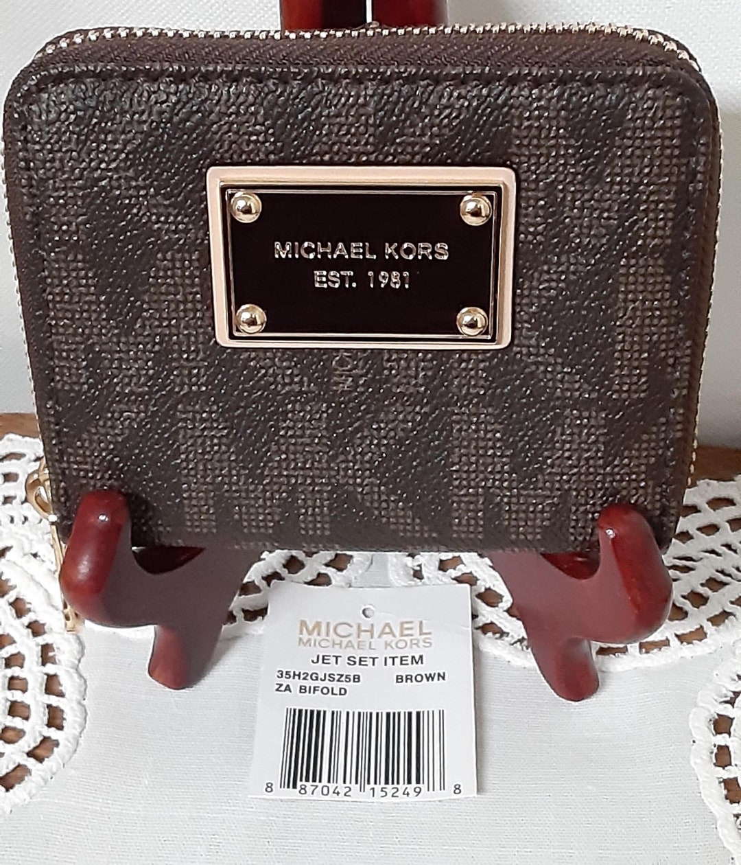 Michael Kors Jet Set Small Zip Around Coin Case Wallet Brown MK Logo ...