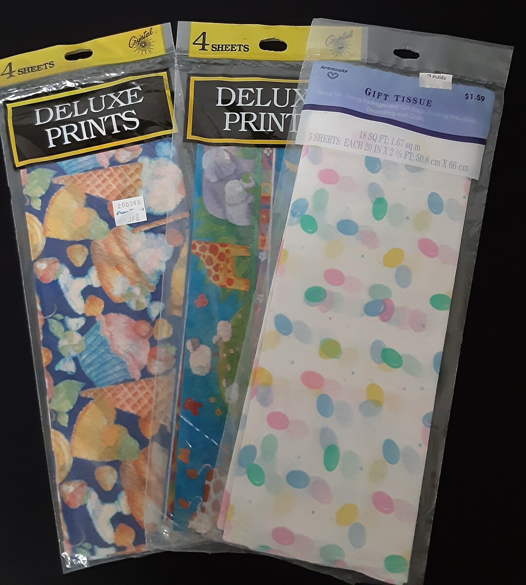 Vintage 3 Sealed Packages Tissue Paper Child Animal Theme Ice Cream ...