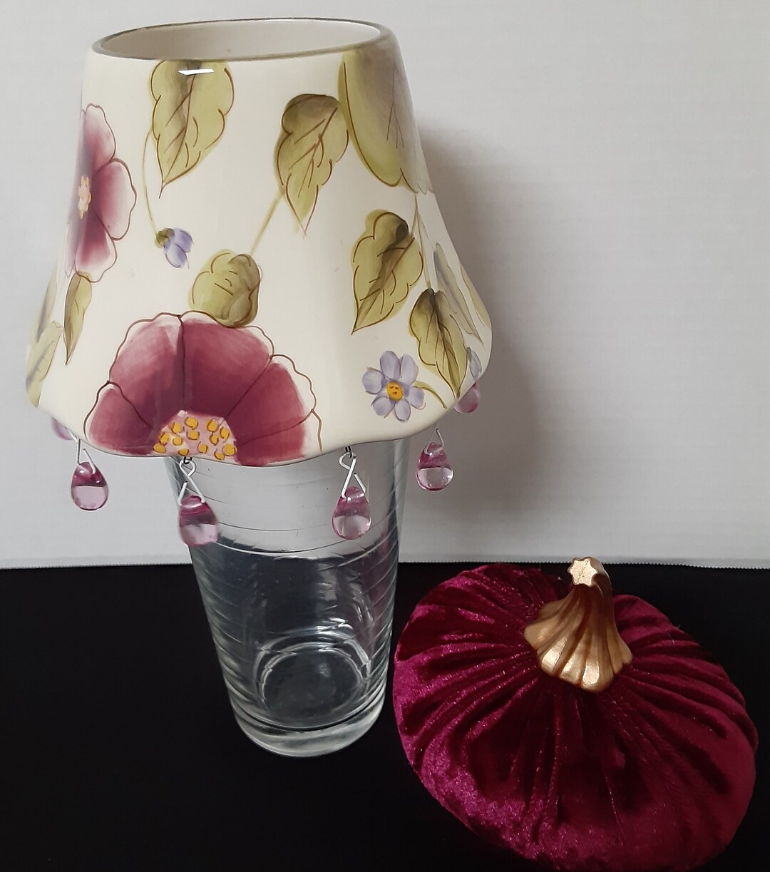 Candle Shade Topper Home Interiors Candle Cover Burgundy Flowers Green ...