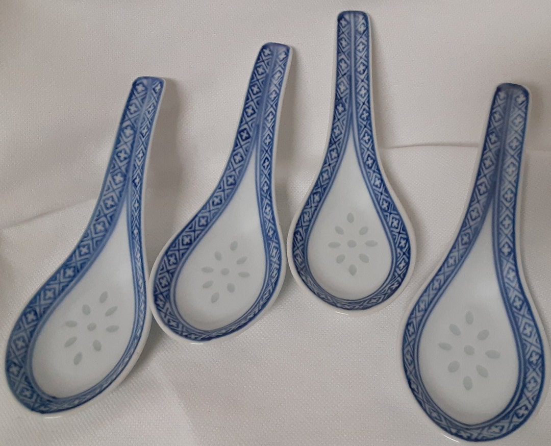 4 Chinese Rice Eyes Grain Soup Spoons Jingdezhen,china Porcelain Blue ...