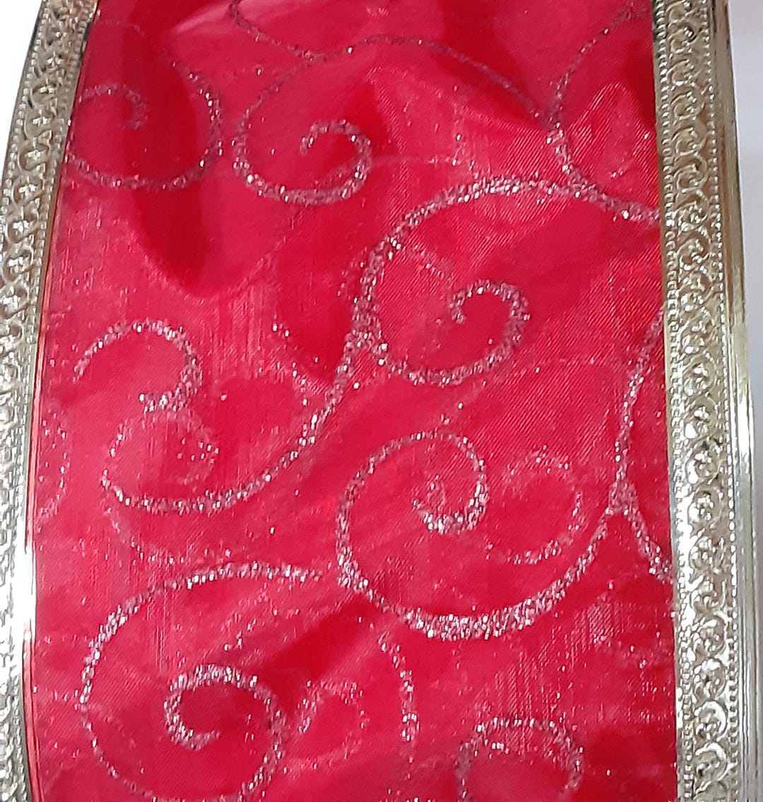 10 Yards 4 Wired Red Sheer Ribbon Metallic Gold Scroll Luxury Design ...