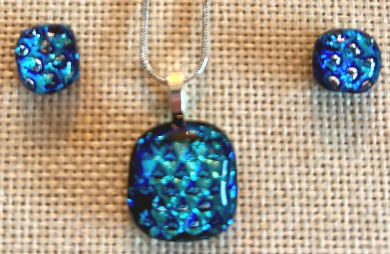 Blue Pattern Dichroic Fused Glass Pendant and Stud Earrings - Etsy