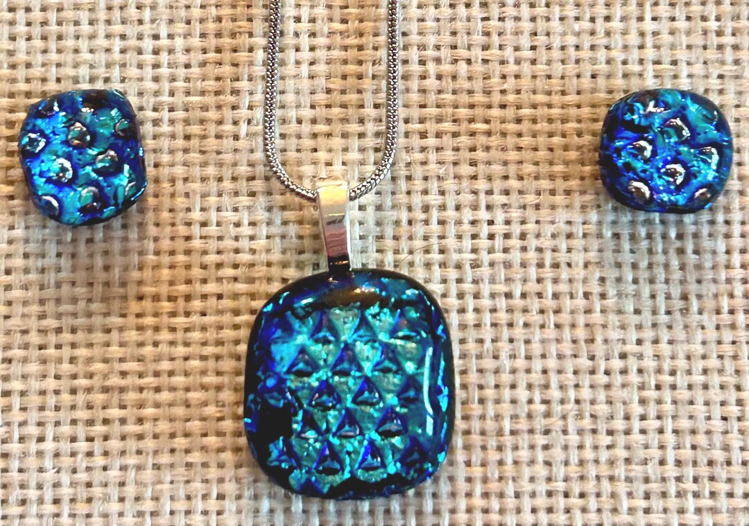 Blue Pattern Dichroic Fused Glass Pendant and Stud Earrings - Etsy