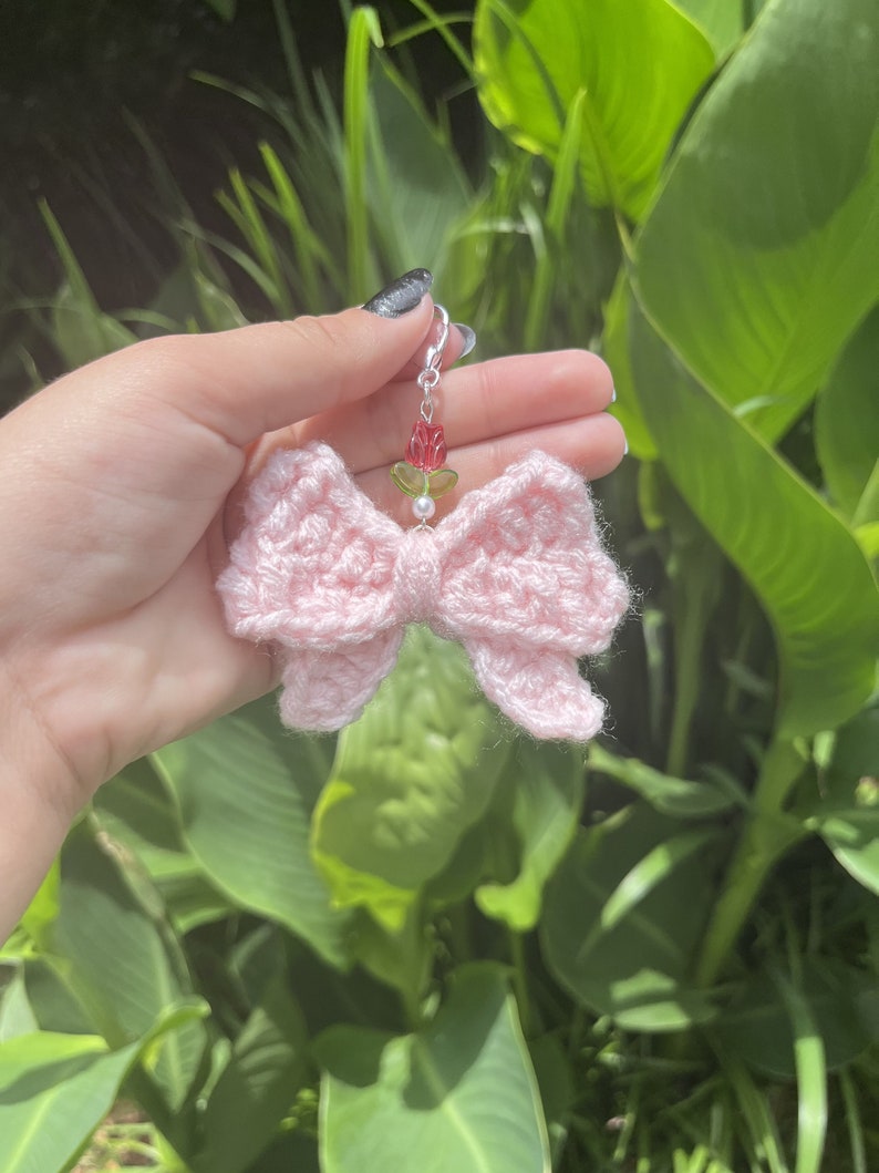Cute and Coquette Handmade Crochet Beaded Bow Key Chain - Etsy