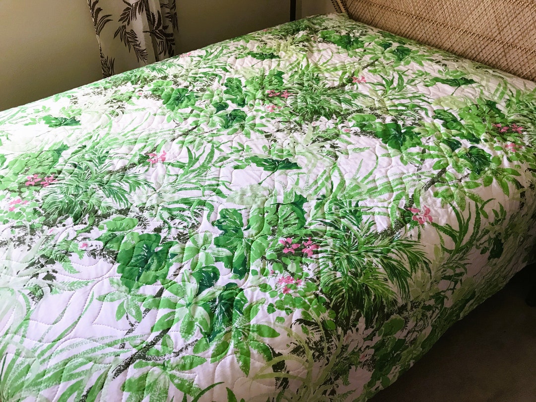 Vintage Springmaid Leafy Palm Tropical Botanical Green Pink Lightweight ...