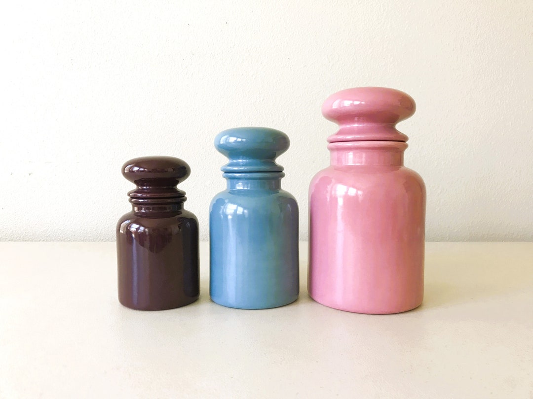 Vintage Postmodern Modern Canister Container Set Multicolored Pink Blue ...