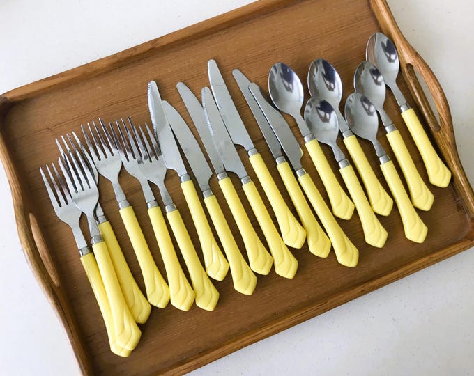 Vintage Yellow Utensil Set - Butter Yellow Plastic Stainless Utensils ...