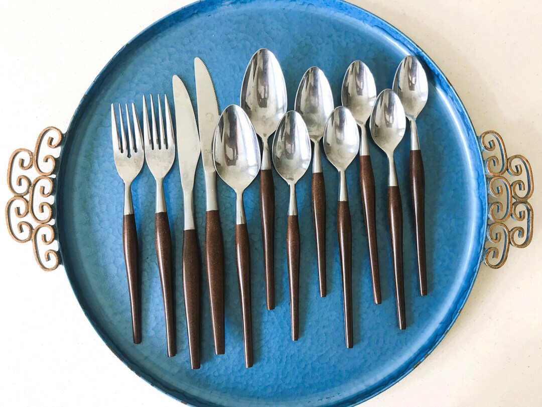 Vintage Faux Wood Handle Flatware - MCM Midcentury Sleek Composite ...