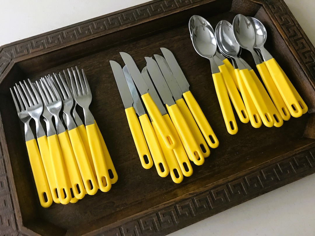 Vintage INOX Yellow Plastic Handle Flatware Silverware Stainless Steel ...