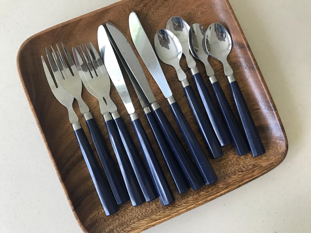 Vintage Navy Blue Plastic Flatware - Faceted Silverware Stainless Steel ...
