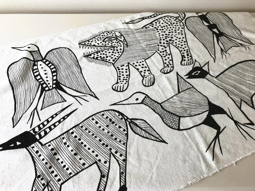 Australian Aboriginal Primitive Wildlife Artistic Animals Fabric Panel ...