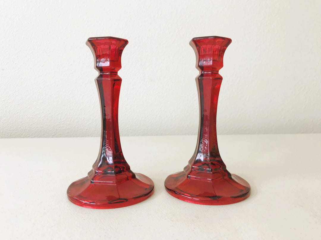 Vintage Crimson Ruby Red 6 Glass Candlesticks Candle Holders Set of Two ...