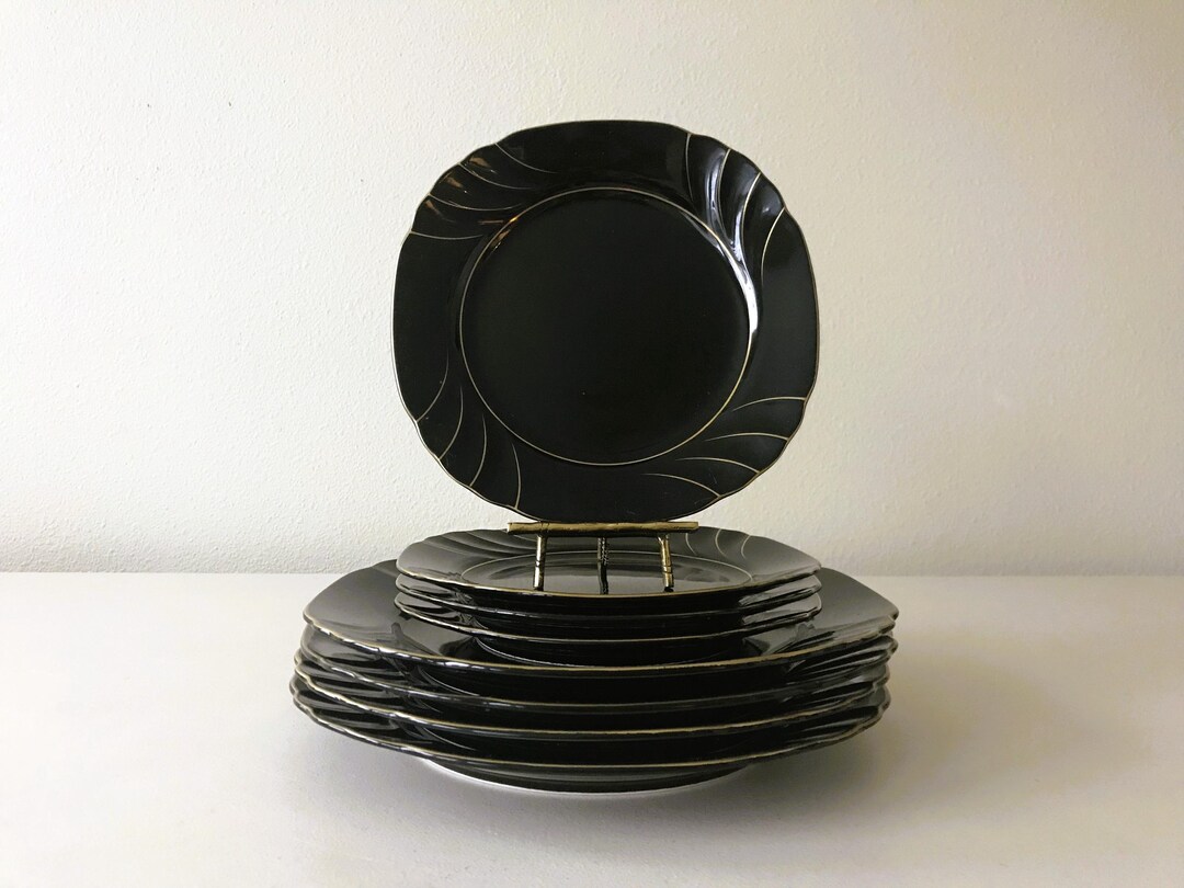Vintage Ranmaru Art Deco Plates - Black & Gold Scalloped Set of 8 - Etsy