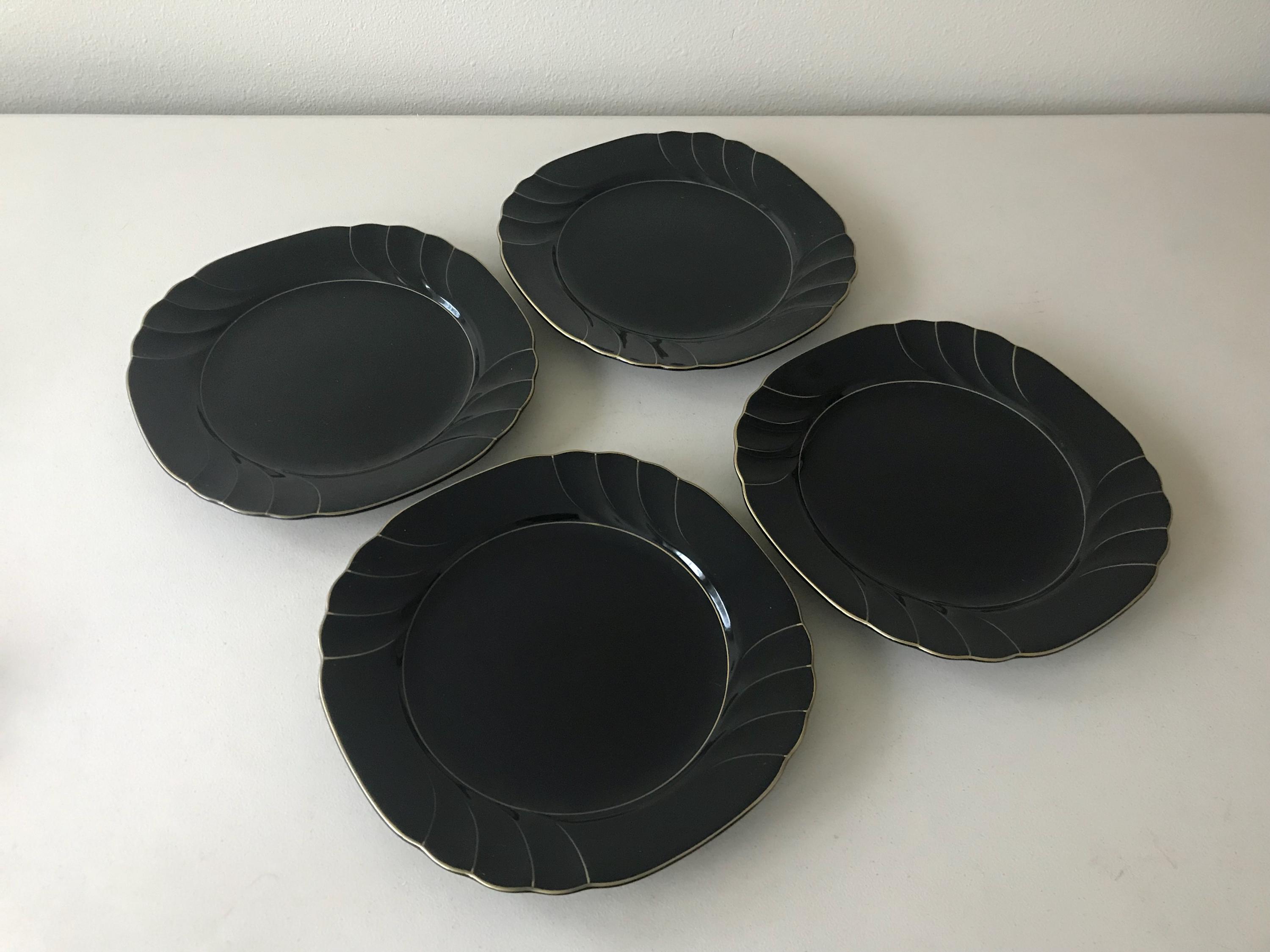 Vintage Art Deco Plates - Ranmaru "wave Golden Black" Scalloped Black ...
