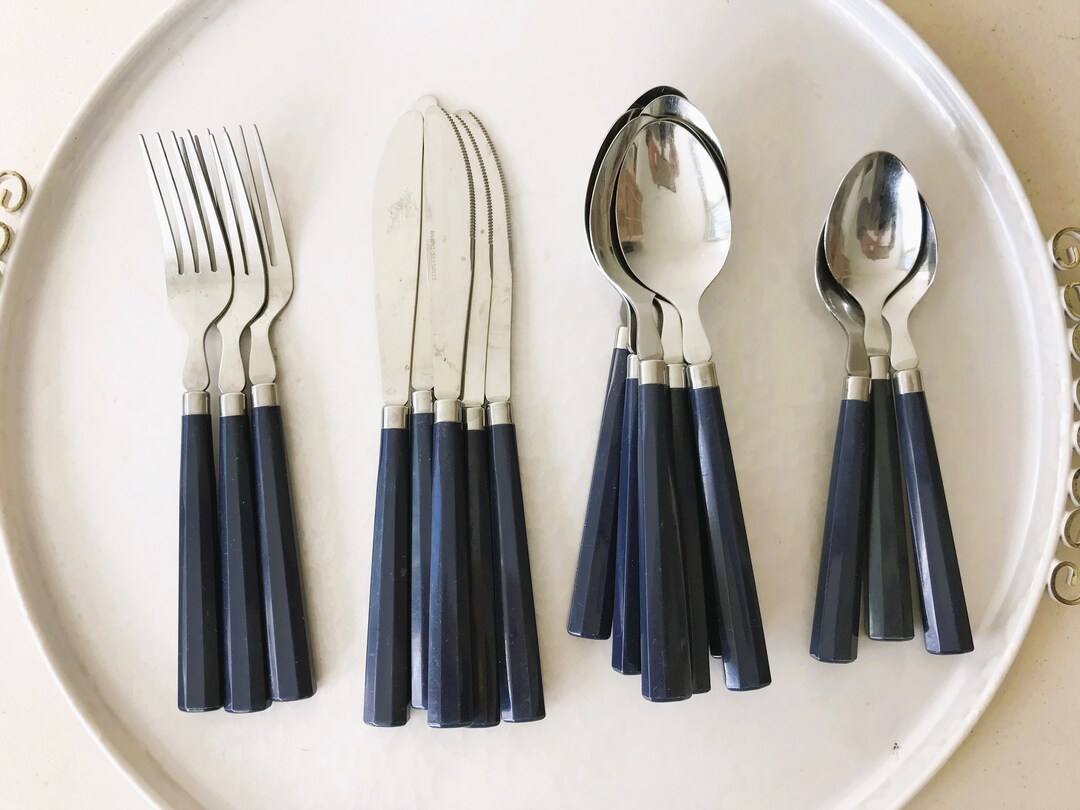 Vintage Navy Blue Plastic Faceted Flatware Silverware Stainless Steel ...