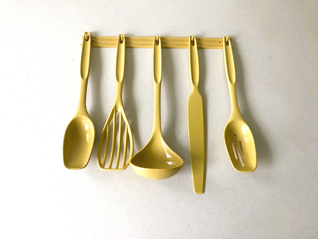 Vintage Foley Gold Plastic Kitchen Serving Cooking Utensils With Holder ...