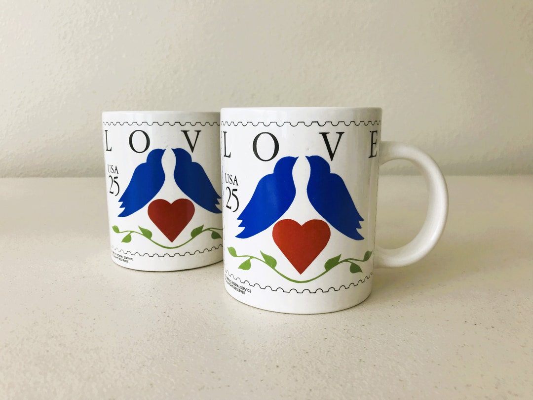 Vintage LOVE Stamp Mugs - 1988 Scandinavian Blue Birds & Hearts, Set of ...