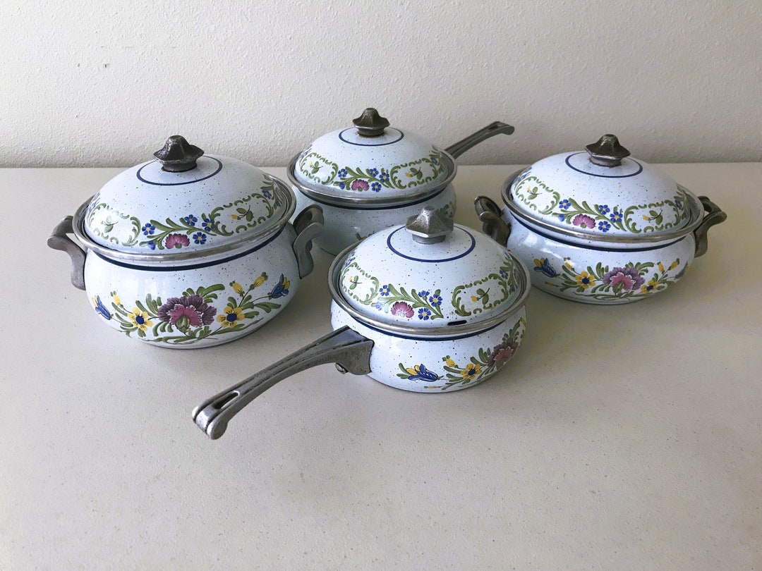 Vintage ASTA Germany Floral Enamel Enamelware Cooking Cookware Dutch ...