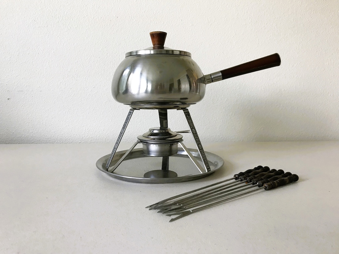 Vintage Fondue Set - Midcentury Sleek Stainless Steel Fondue Server Pot ...
