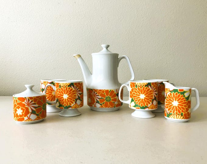 Vintage FLOWER POWER 60s Orange Yellow & Green Floral Ceramic Pottery ...