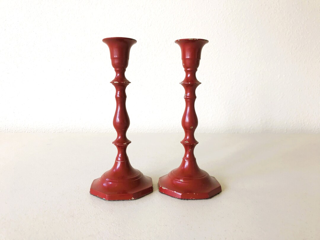 Vintage Chippy Red Metal Farmhouse Colonial Candle Holders Candlesticks ...