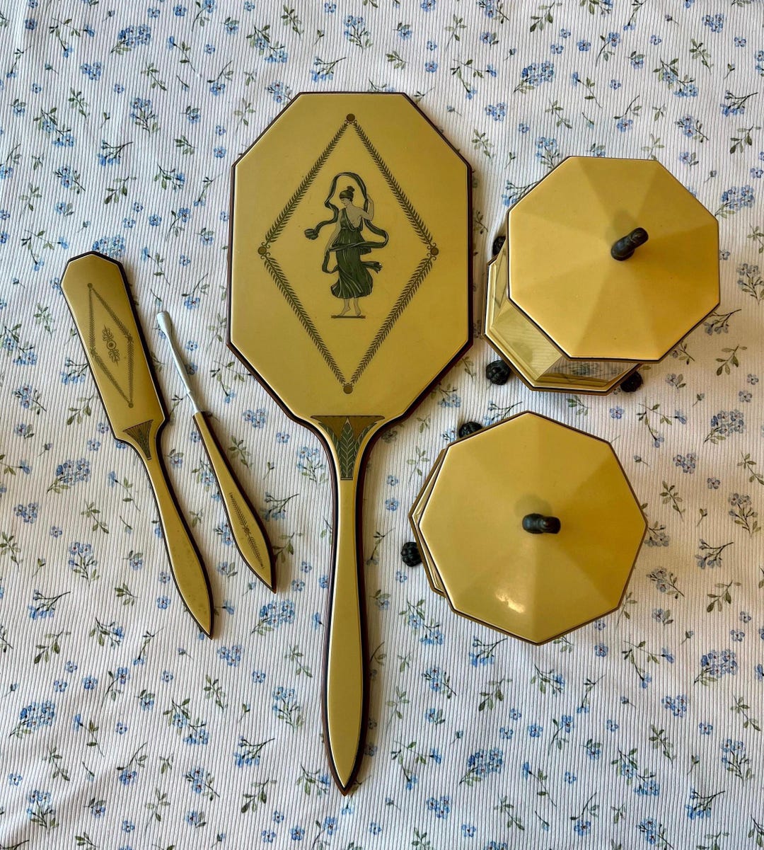Vintage Lucite Greek Goddess Vanity Set: Handheld Mirror, Jars and More ...