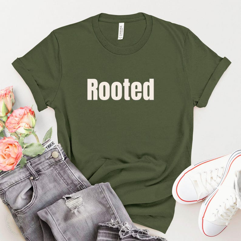 Rooted T-shirt – Minimalist Faith Graphic Tee, Earthy Olive Bella ...
