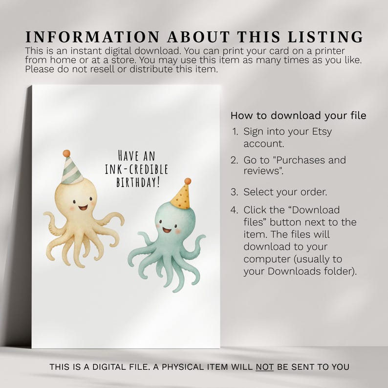 Octopus Birthday Card: Fun Printable Greeting (digital Download) - Etsy