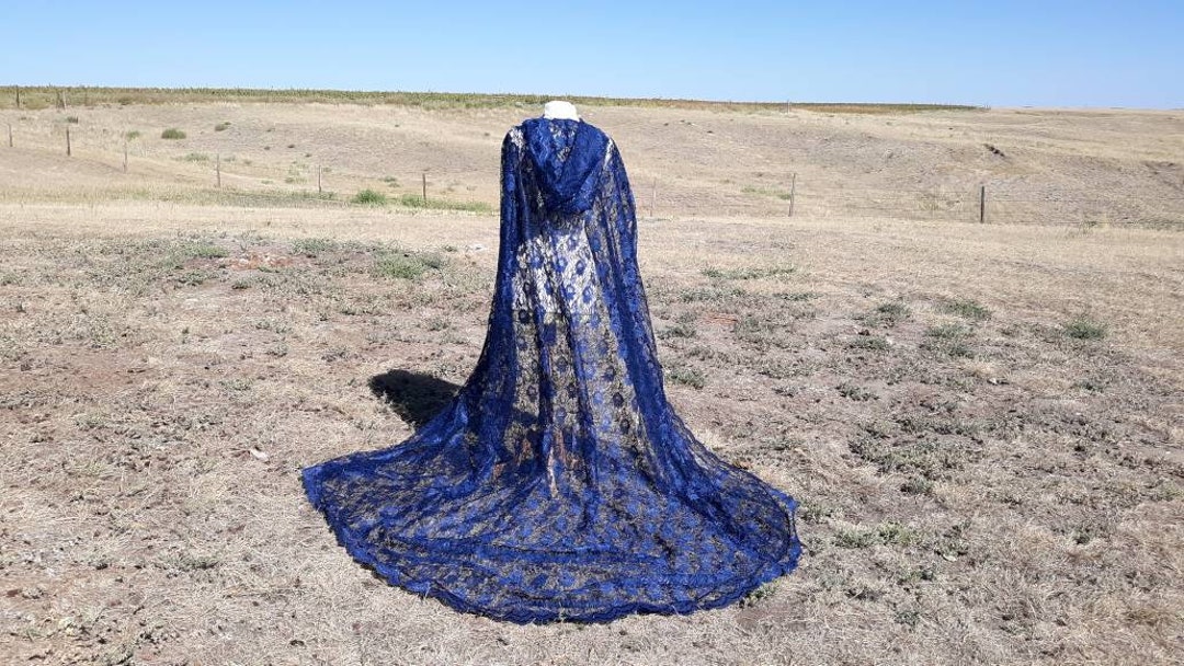 Midnight Blue Lace Hooded Cloak Navy Blue Cape Renaissance Clothing ...
