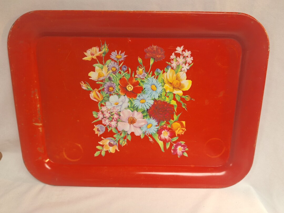 Vintage Red Floral Metal Tray Set of 2 Home Decor Drink Tray Teacher ...