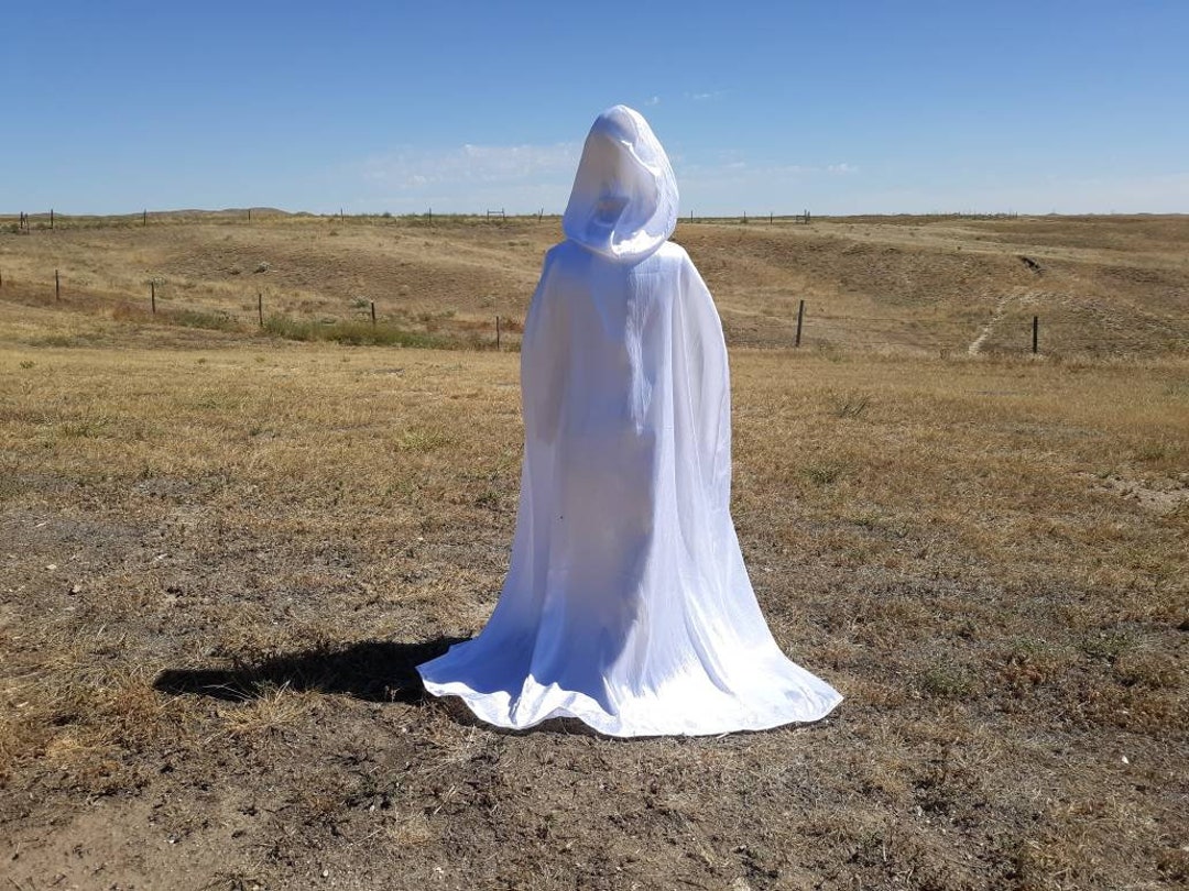 White Hooded Cape Crushed Satin Cloak Halloween Ghost Costume Wedding ...