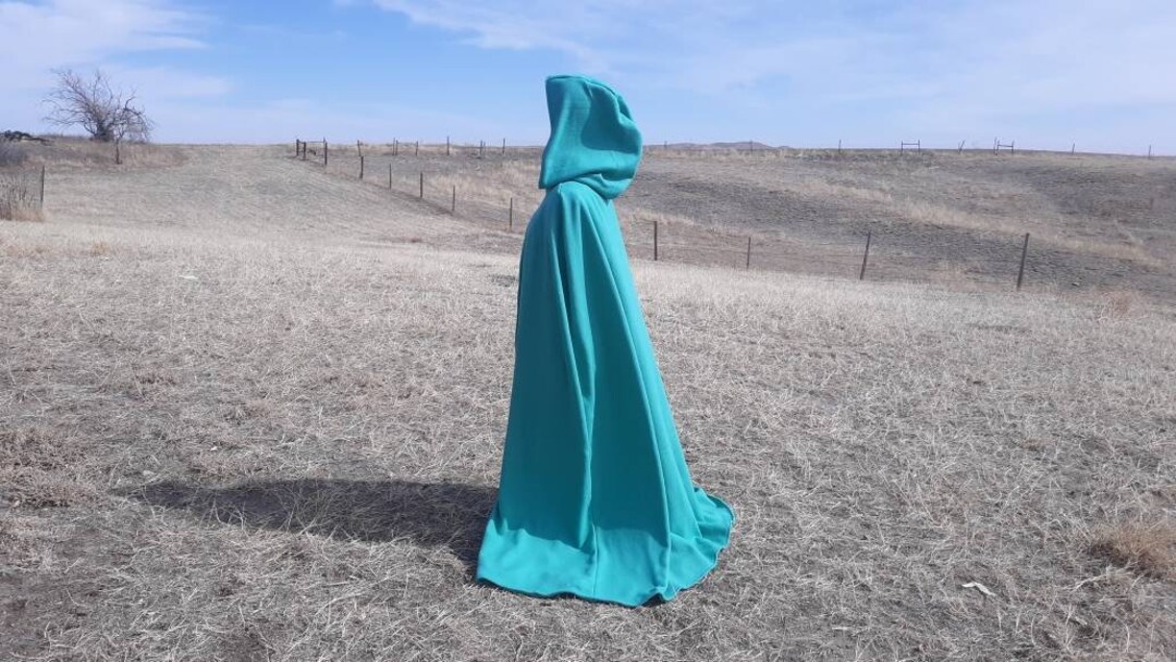Turquoise Hooded Cloak Teal Fleece Cape Wedding Renaissance Halloween ...