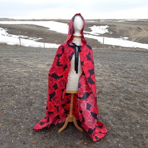 Black Red Floral Mikado Rose Hooded Cape Valentine's Day Gothic Wedding ...