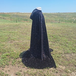 Black Glitter Celestial Stars Hooded Cloak Witch Cape Velvet Hooded ...
