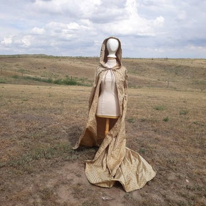 Gold Bridal Cloak Tan Hooded Fantasy Wedding Cape Renaissance Costume ...