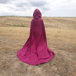 Burgundy Floral Brocade Hooded Cloak Wedding Cape Medieval Renaissance ...