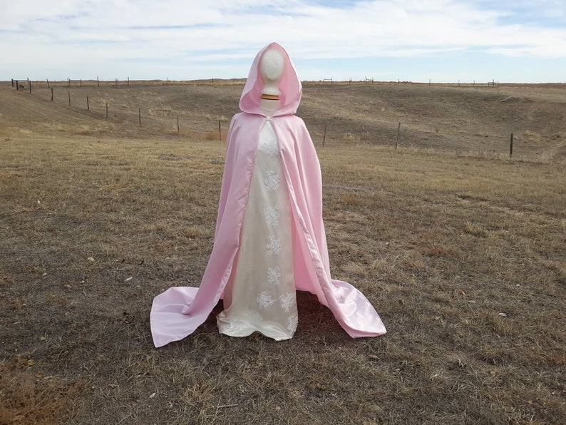 Pink Satin Hooded Cloak Bridal Cape Wedding Veil Renaissance Clothing ...