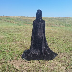 Black Glitter Celestial Stars Hooded Cloak Witch Cape Velvet Hooded ...