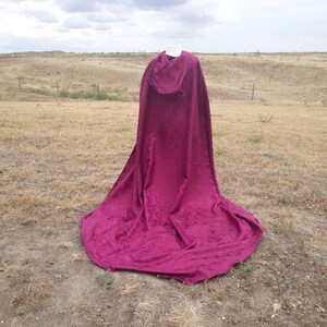 Burgundy Floral Brocade Hooded Cloak Wedding Cape Medieval Renaissance ...