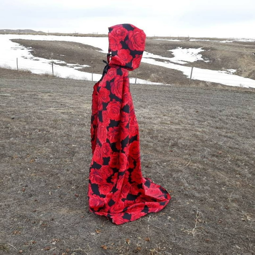 Black Red Floral Mikado Rose Hooded Cape Valentine's Day Gothic Wedding ...