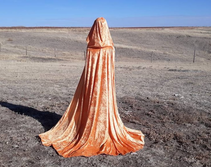 Orange Cloak Halloween Costume Hooded Cape Velvet Renaissance Mardis ...