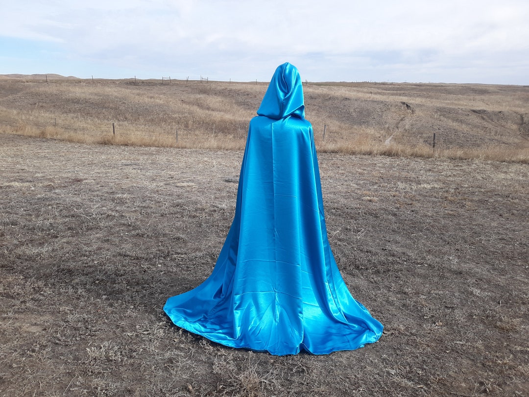 Turquoise Hooded Cloak Satin Wedding Cape Renaissance Halloween Costume ...