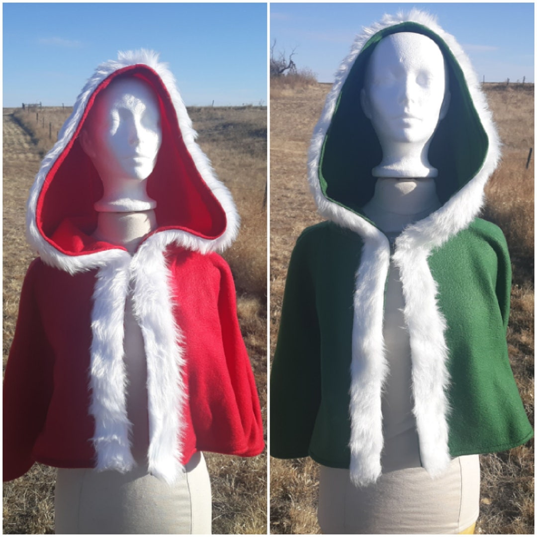 Red or Green Christmas Elf Cape Fleece Capelet Mrs Clause Adult ...