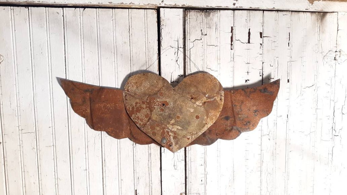Rusty Tin Heart with Wings Antique Tin Upcycled From Barn | Etsy