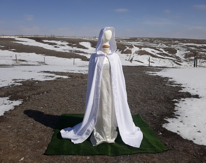 White Bridal Cloak White Fleece and Lace Snow Queen Hooded Cape Wedding ...