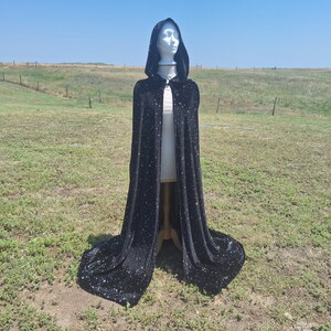 Black Glitter Celestial Stars Hooded Cloak Witch Cape Velvet Hooded ...