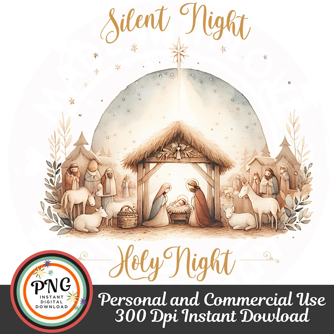 Silent Night Nativity Scene Christmas PNG, Holy Night Baby Jesus is the ...