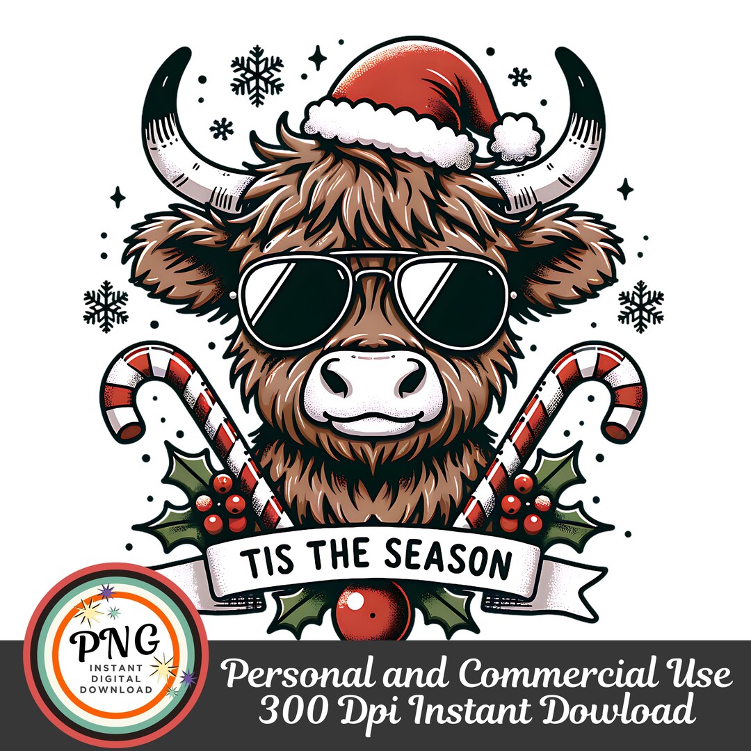 Funny Christmas Highland Cow PNG, Cute Holiday Highland Cow Sublimation ...
